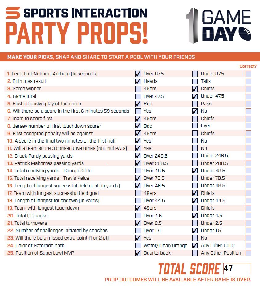 Super Bowl LVIII Party Prop Sheet Results | Sports Interaction